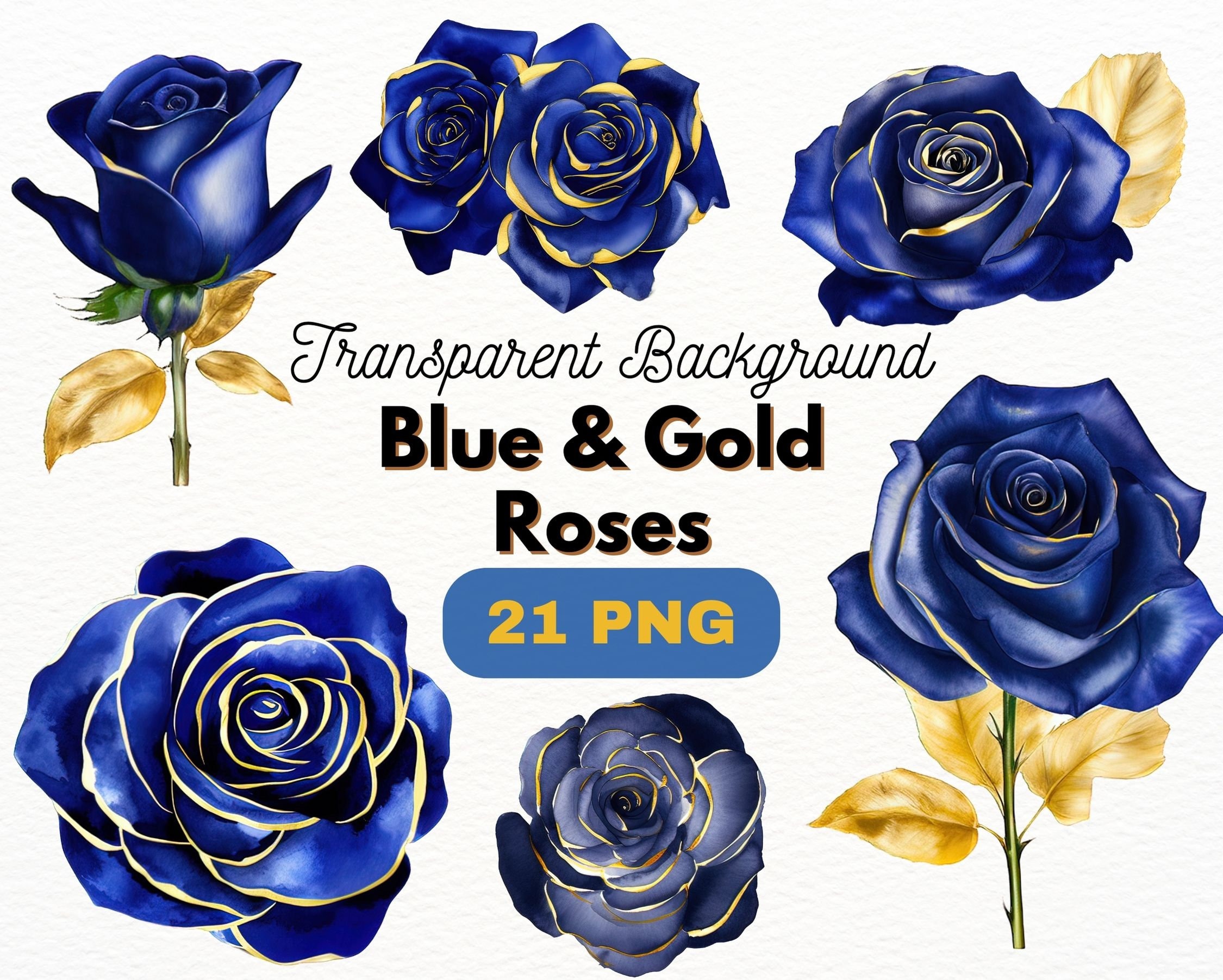 Blue Roses With Gold PNG Bundle Digital Crafts Designs - Etsy