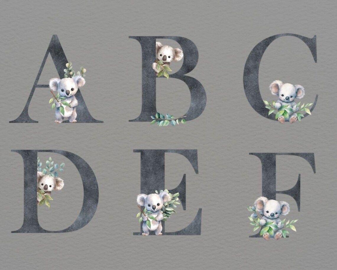 Cute Baby Koala Letters A-Z and Number, Watercolor, Alphabet Clipart ...