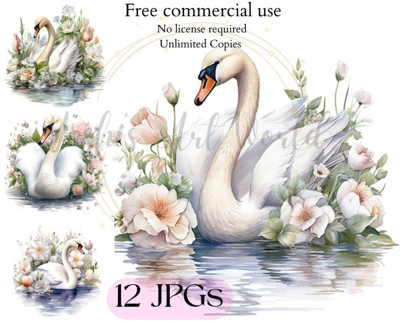 Swan and Flower Clipart - Floral Swan - Card Making, Mixed Media ...