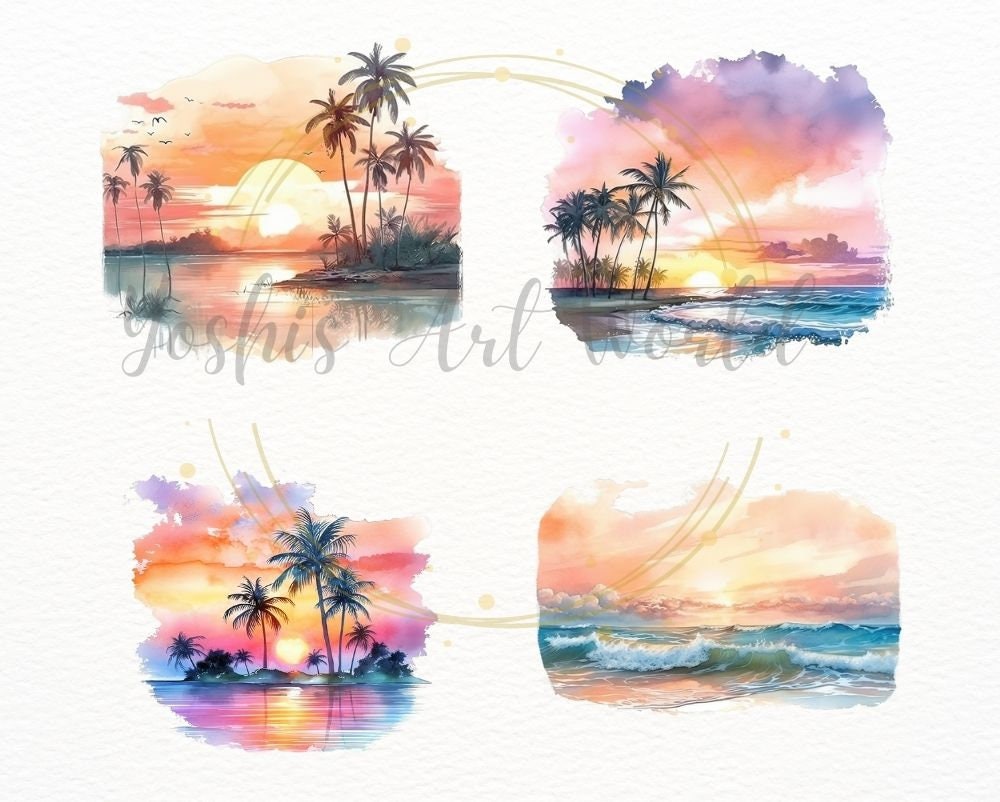 Watercolor Beach Sunset PNG Bundle, Digital Crafts Designs Transparent ...