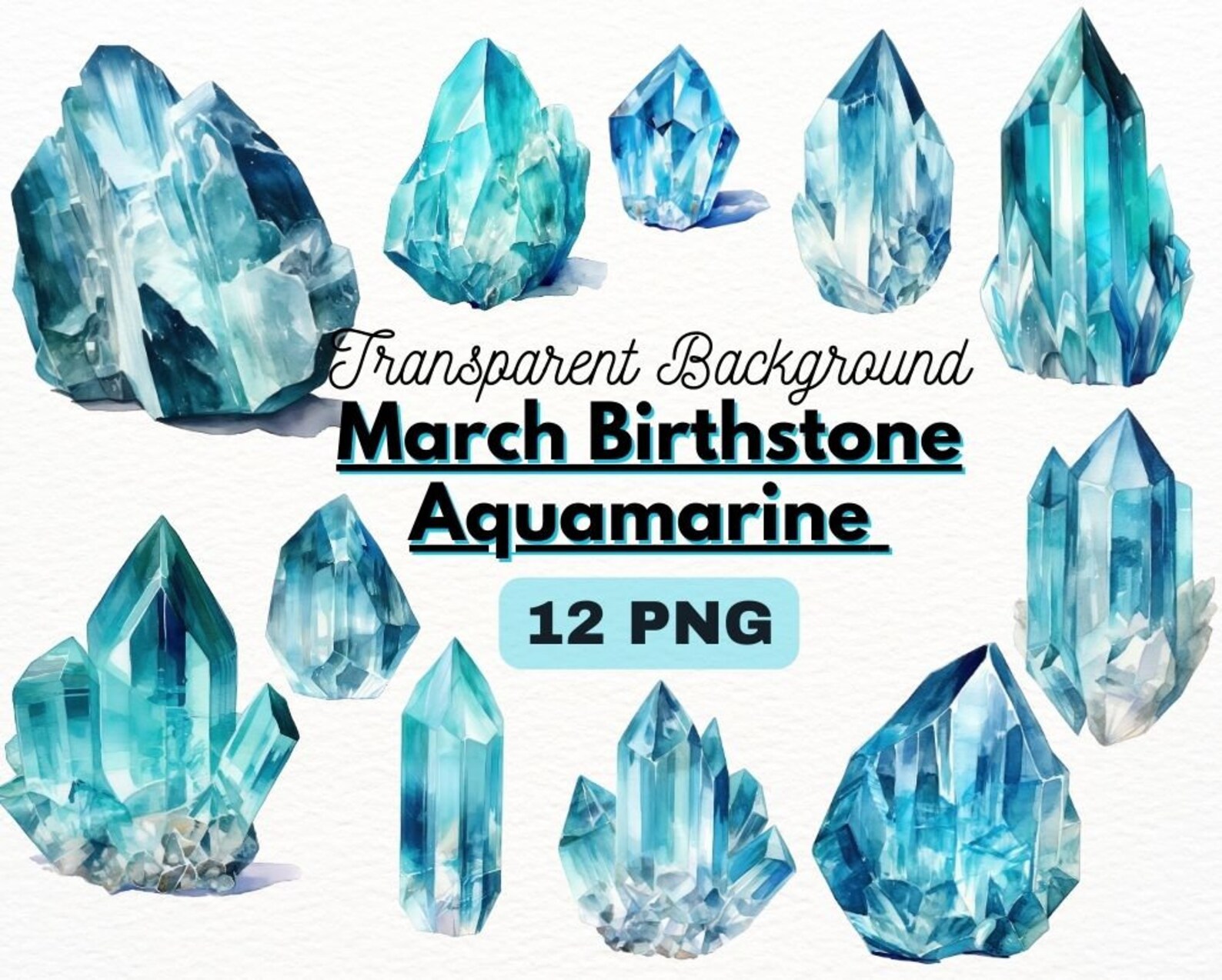 Watercolor March Birthstone Aquamarine PNG Bundle, Digital Crafts ...