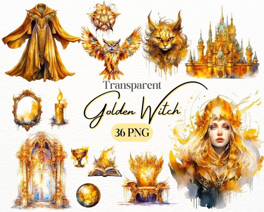 Watercolor Golden Witch PNG Bundle, Digital Crafts Designs Transparent ...