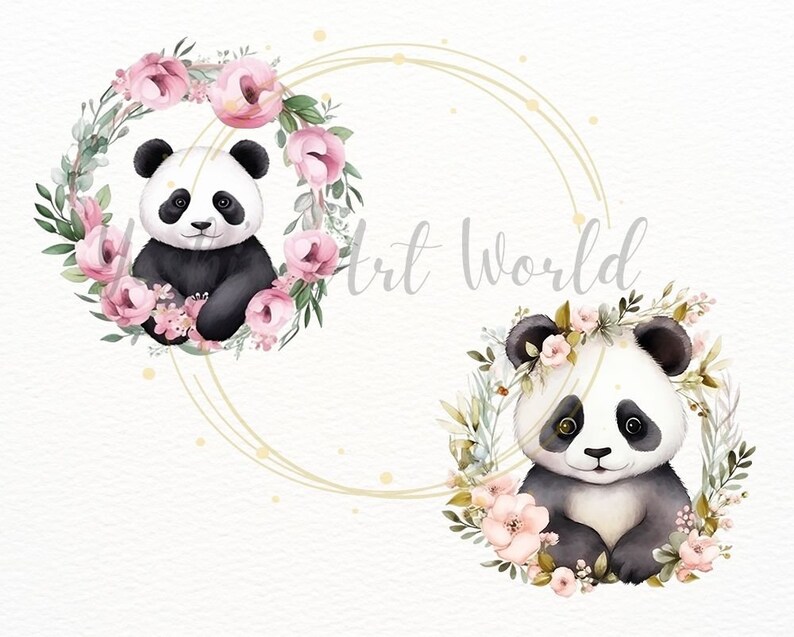 Watercolor Cute Panda and Flower Wreath PNG Bundle, Digital Crafts ...