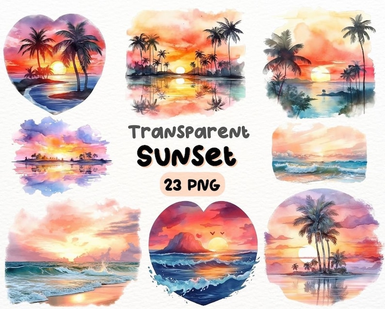 Watercolor Beach Sunset Png Bundle Digital Crafts Designs Etsy