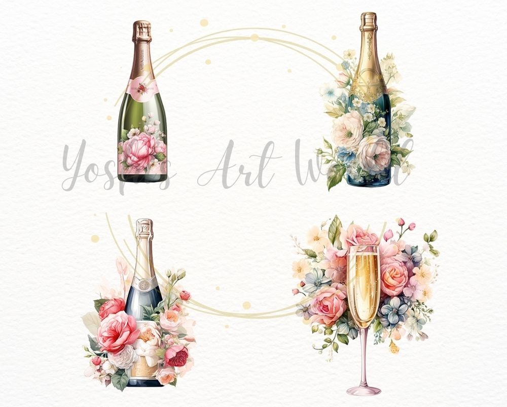 Watercolor Floral Champagne PNG Bundle Digital Crafts Designs - Etsy
