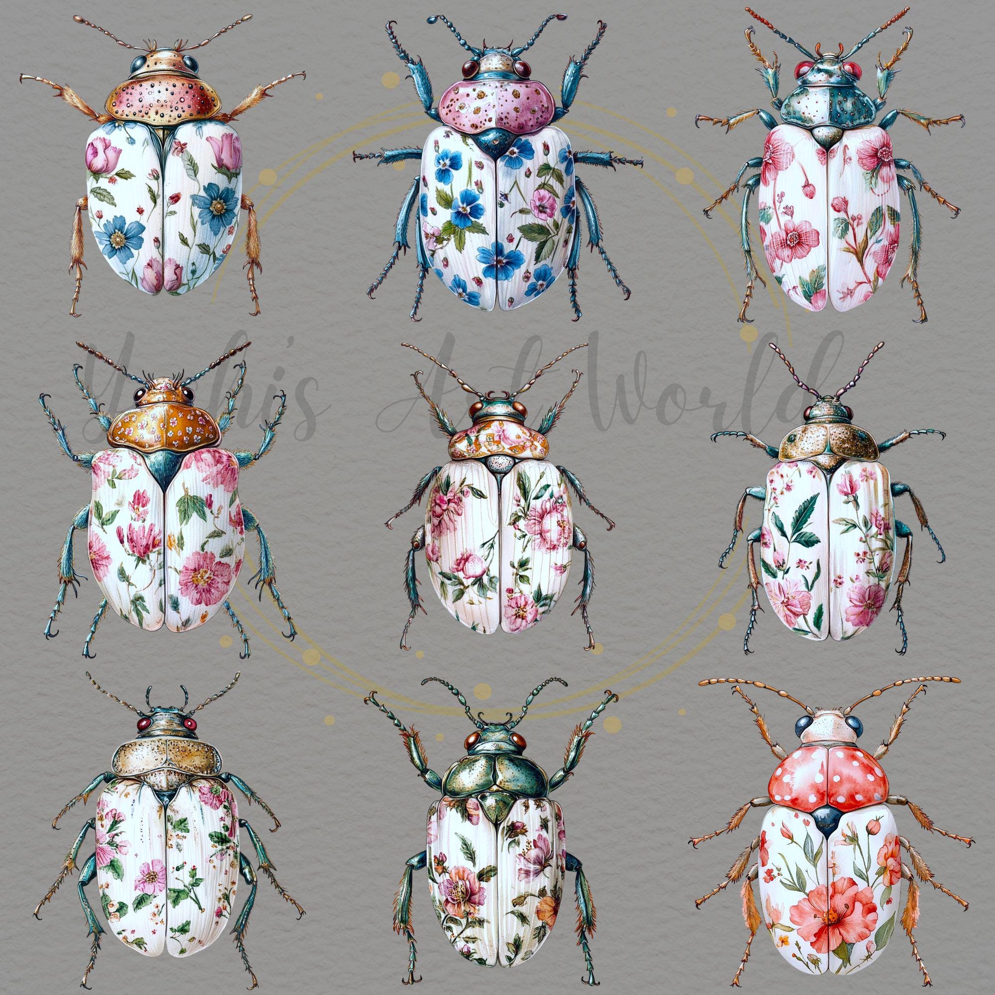 Watercolor Floral Beetle PNG Bundle, Digital Crafts Designs Transparent ...