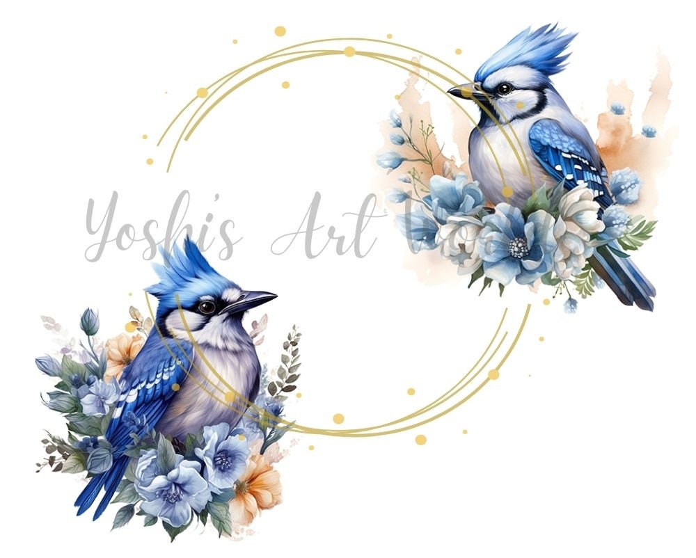 Blue Jay and Flower Clipart - Floral Bird - Card Making, Mixed Media ...