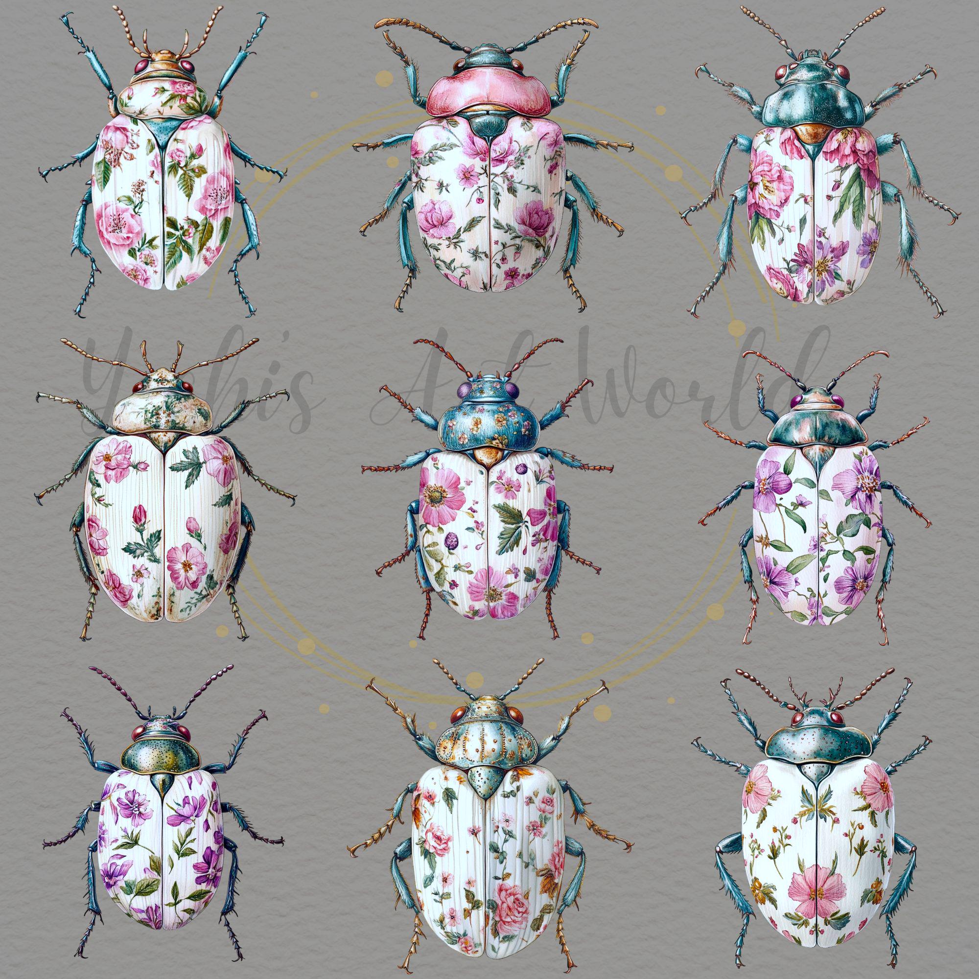 Watercolor Floral Beetle PNG Bundle, Digital Crafts Designs Transparent ...