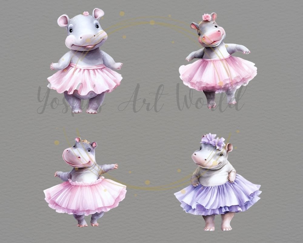 Watercolor Ballerina Hippo PNG Bundle Digital Crafts Designs - Etsy