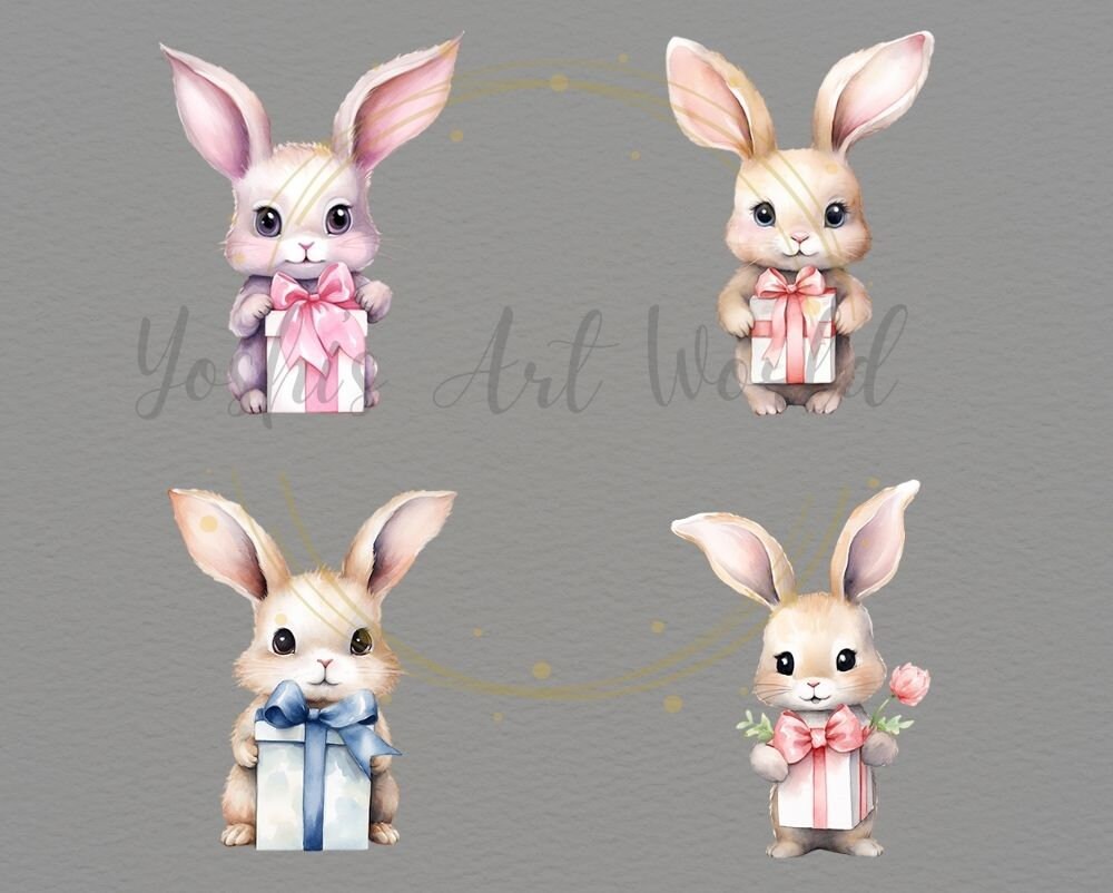 Watercolor Bunny and Gift PNG Bundle Digital Crafts Designs - Etsy