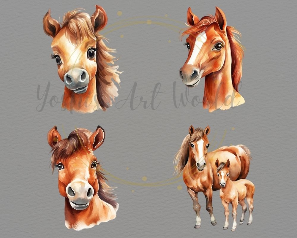 Watercolor Cute Horse PNG Bundle, Digital Crafts Designs Transparent ...