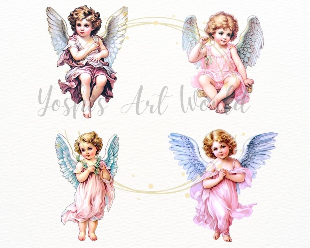 Watercolor Vintage Pink Angel PNG Bundle, Digital Crafts Designs ...