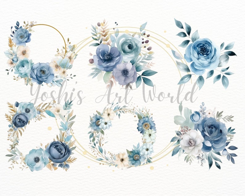 41 Elegant Dusty Blue Watercolor Floral and Wreath Frame PNG Bundle for ...