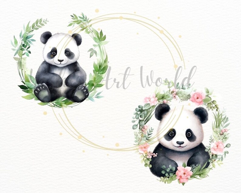 Watercolor Cute Panda and Flower Wreath PNG Bundle, Digital Crafts ...