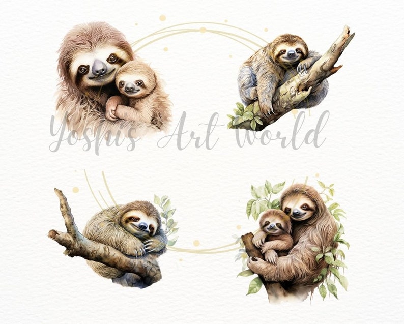 Watercolor Cute Sloth PNG Bundle, Digital Crafts Designs Transparent ...