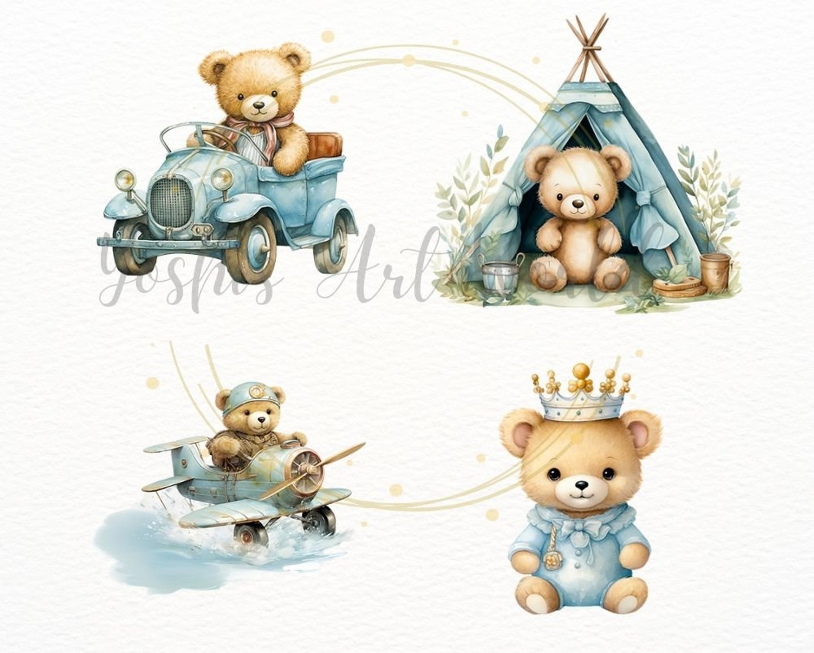 Watercolor Baby Blue Teddy Bear PNG Bundle, Digital Crafts Designs ...