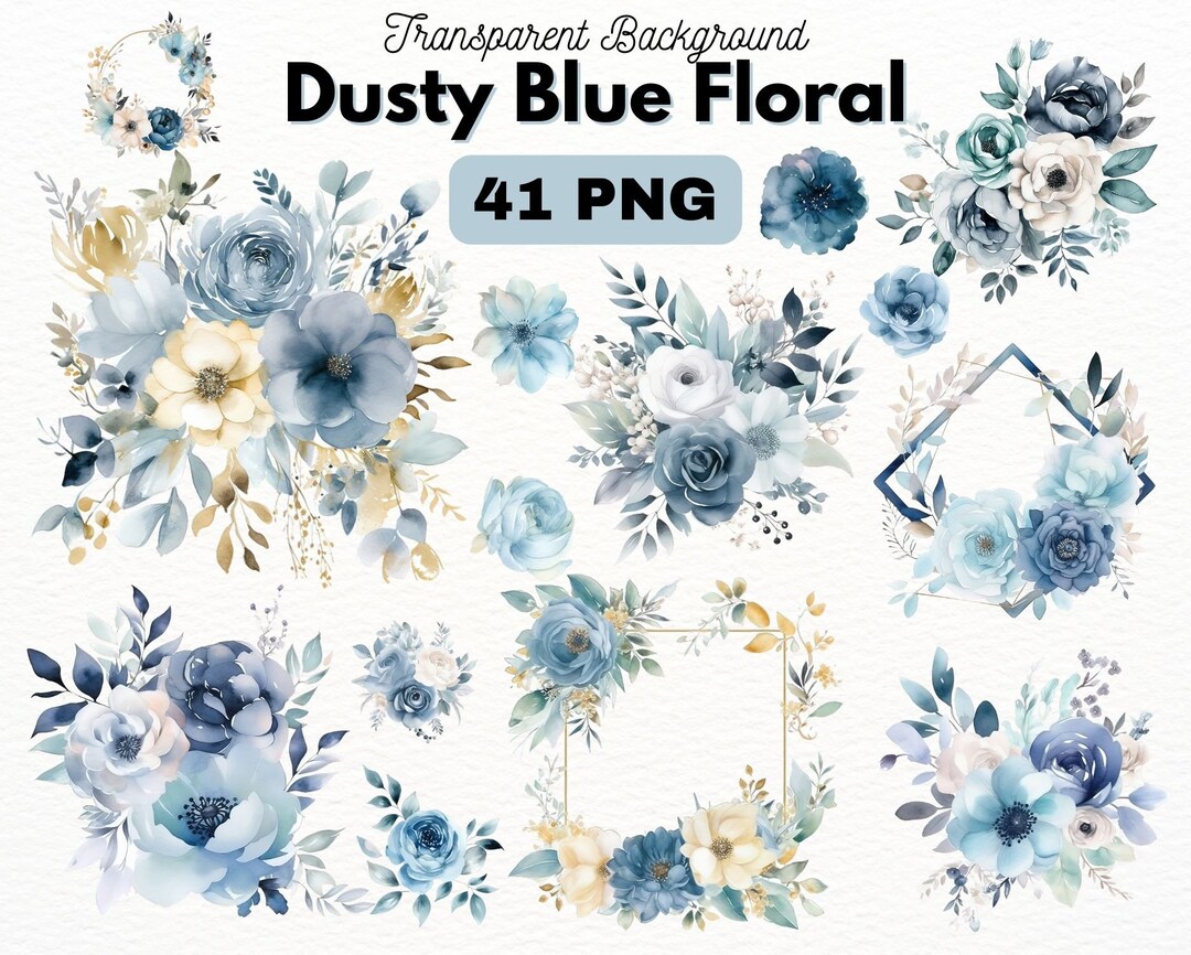 41 Elegant Dusty Blue Watercolor Floral and Wreath Frame PNG Bundle for ...