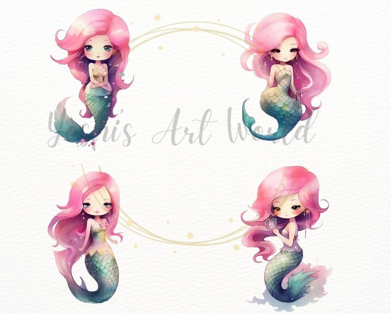 Watercolor Cute Mermaid PNG Bundle Digital Crafts Designs - Etsy