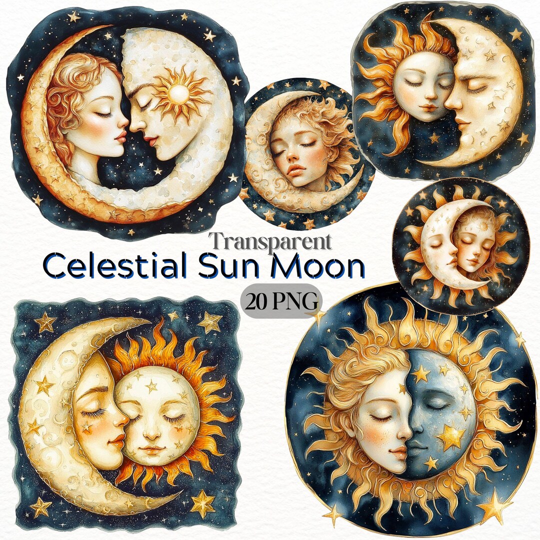 Watercolor Celestial Sun Moon PNG Bundle, Digital Crafts Designs ...