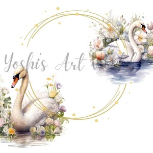 Swan and Flower Clipart - Floral Swan - Card Making, Mixed Media ...