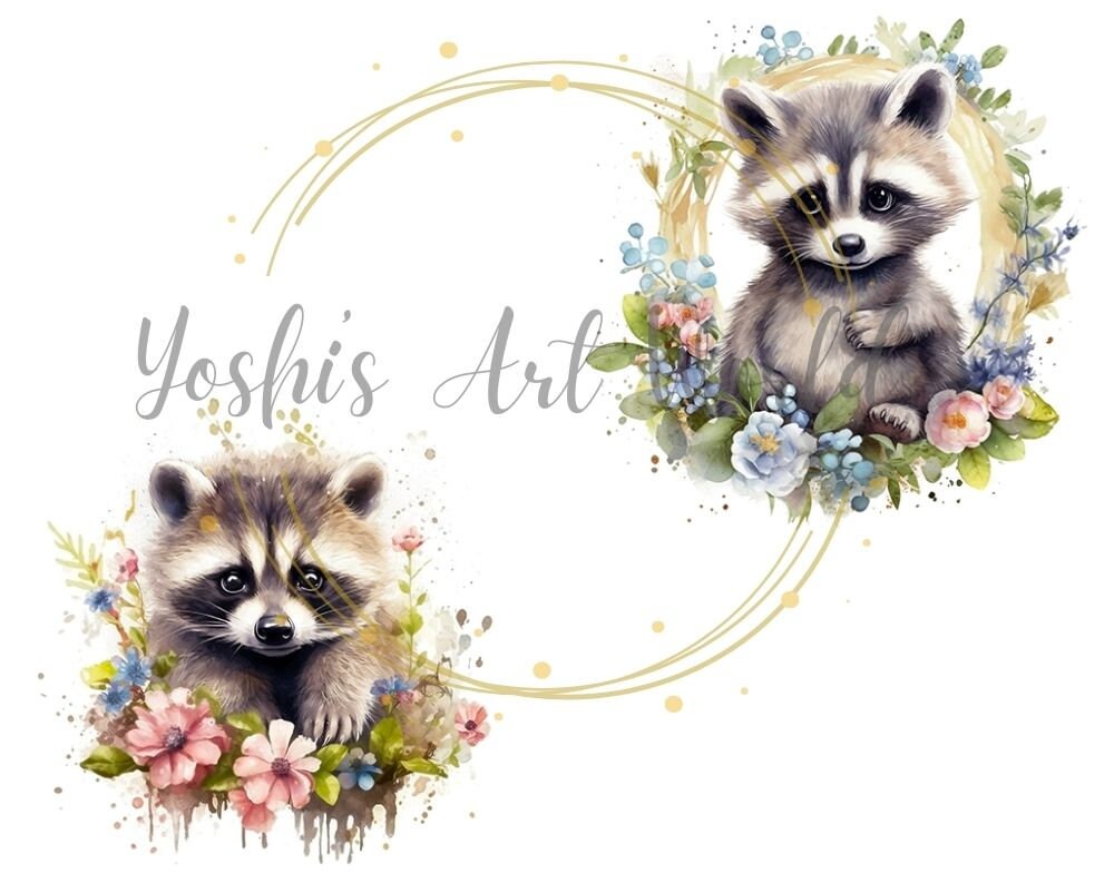 Raccoon and Flower Clipart Floral Raccoon Card Making - Etsy