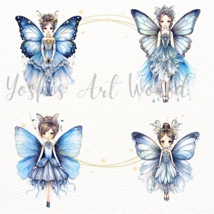 Watercolor Cute Blue Butterfly Fairy Princess PNG Bundle, Digital ...