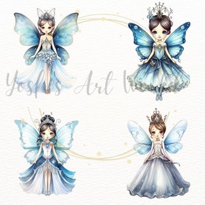 Watercolor Cute Blue Butterfly Fairy Princess PNG Bundle, Digital ...