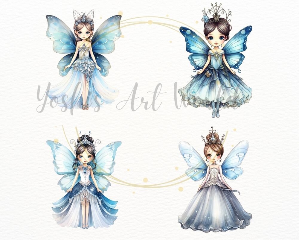Watercolor Cute Blue Butterfly Fairy Princess PNG Bundle, Digital ...
