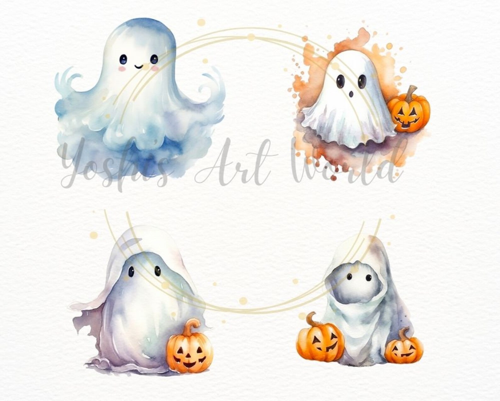 Watercolor Cute Halloween Ghost PNG Bundle, Digital Crafts Designs ...