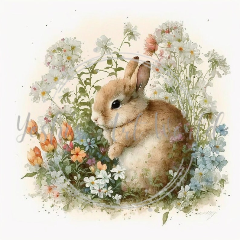 Bunnies With Flower Clipart 10 High Quality Jpgs Digital - Etsy