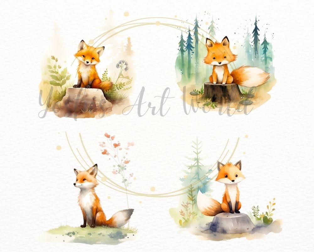 Watercolor Cute Woodland Fox PNG Bundle, Digital Crafts Designs ...