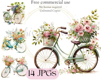 Floral Bicycles Clipart Set, 12 Vintage Bikes With Flowers Png, Wedding ...