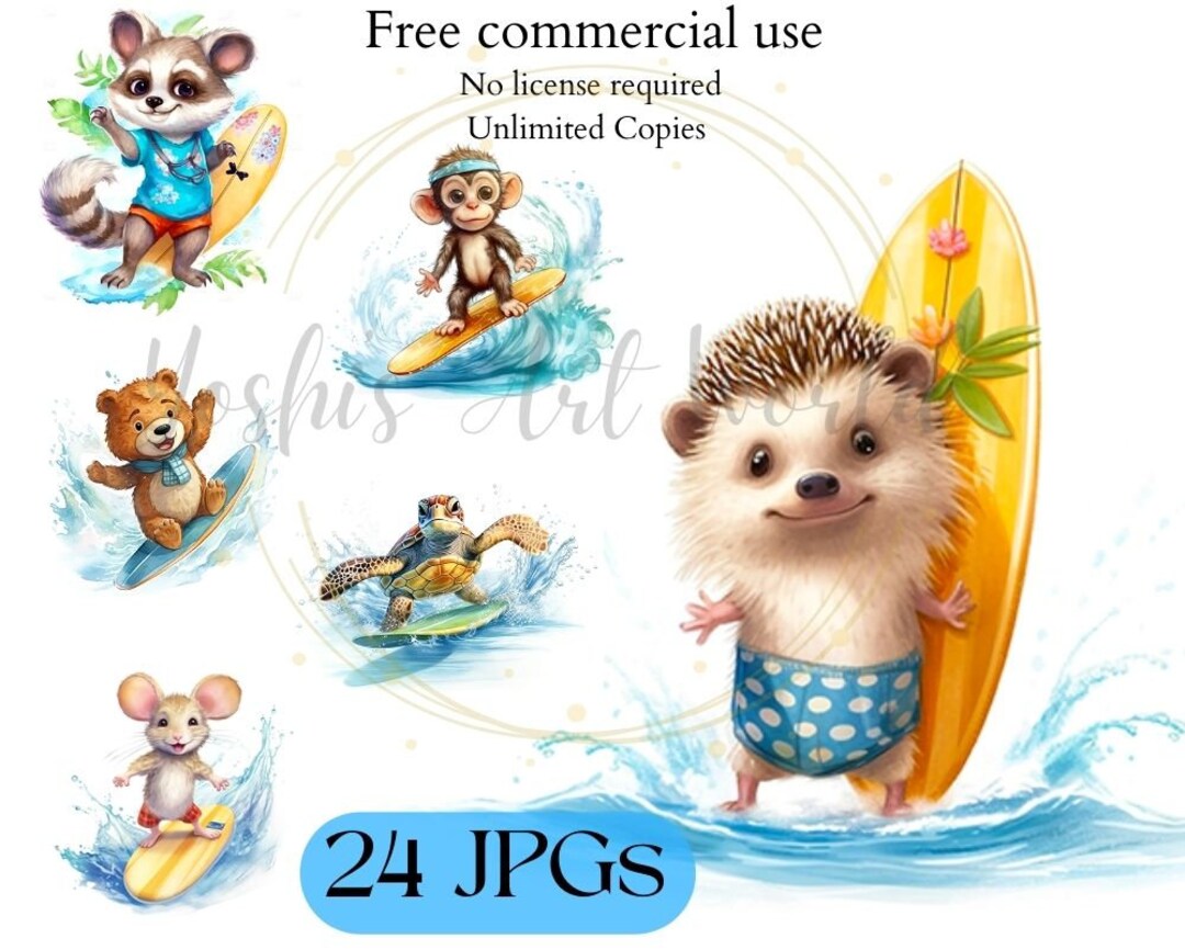 Surfing Animals Clipart - Monkey - Hedgehog - Kitty - Card Making ...