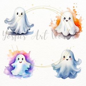 Watercolor Cute Halloween Ghost PNG Bundle, Digital Crafts Designs ...