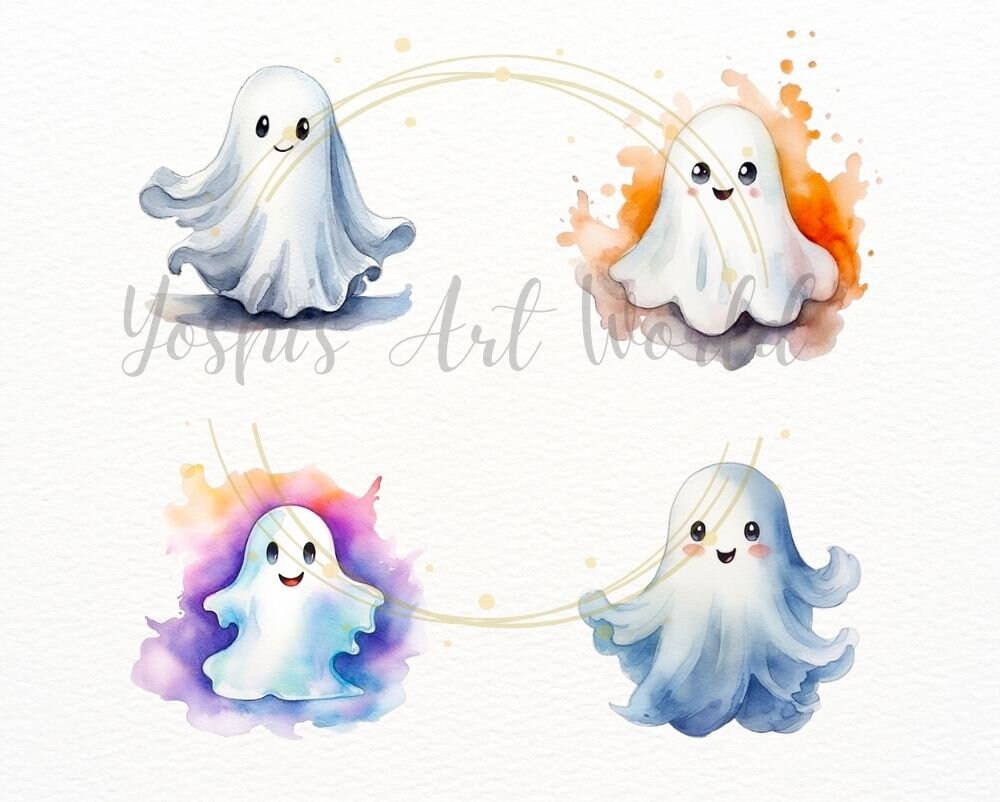 Watercolor Cute Halloween Ghost PNG Bundle, Digital Crafts Designs ...