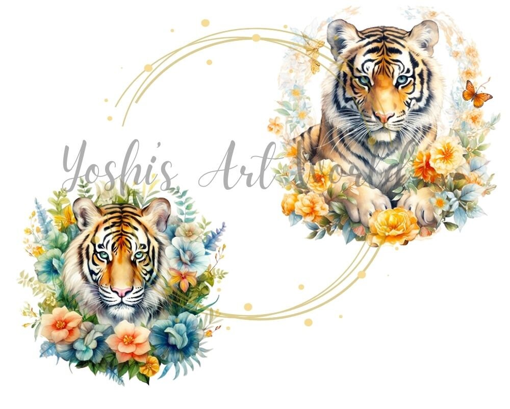 Tiger and Flower Clipart Floral Tiger Card Making Mixed - Etsy