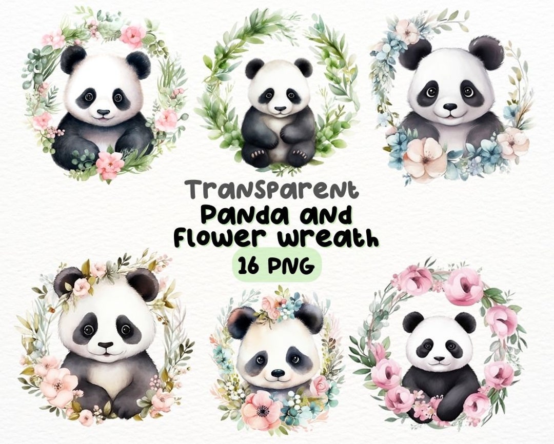 Watercolor Cute Panda and Flower Wreath PNG Bundle, Digital Crafts ...