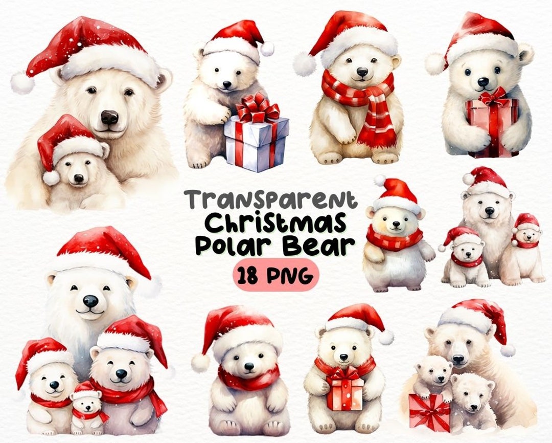 Watercolor Christmas Polar Bear PNG Bundle, Digital Crafts Designs ...