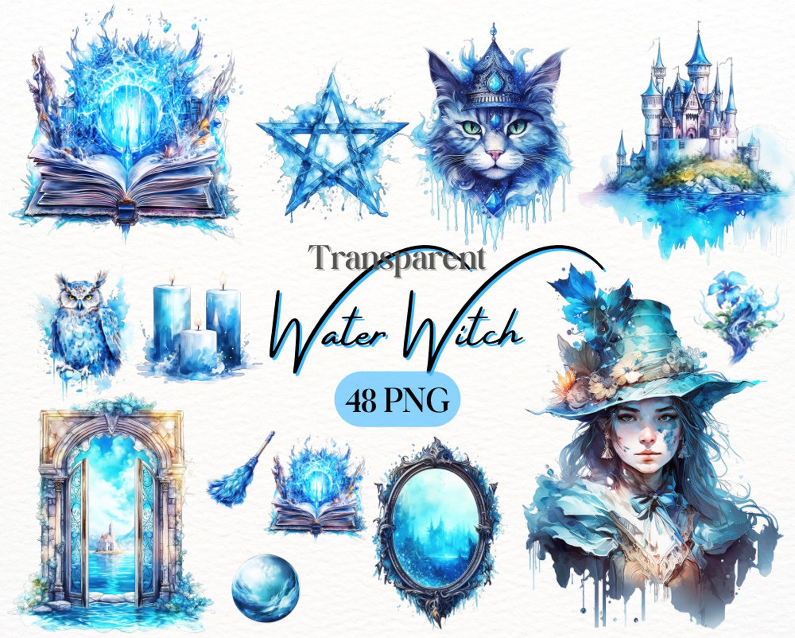 Watercolor Blue Water Witch PNG Bundle, Digital Crafts Designs ...