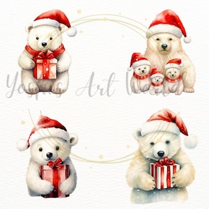 Watercolor Christmas Polar Bear PNG Bundle, Digital Crafts Designs ...