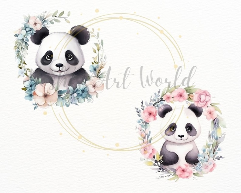 Watercolor Cute Panda and Flower Wreath PNG Bundle, Digital Crafts ...