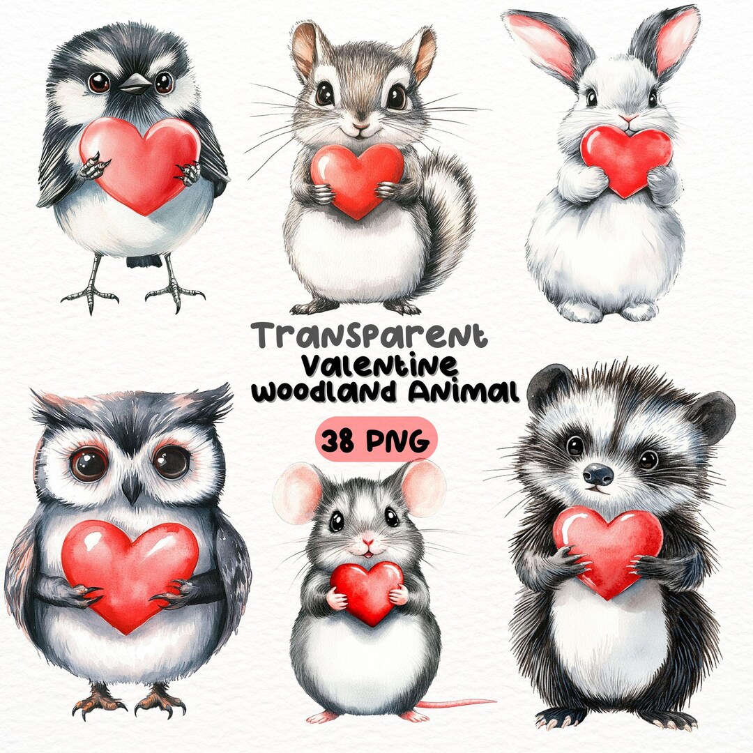 Watercolor Cute Valentine Forest Woodland Animals PNG Bundle, Digital ...