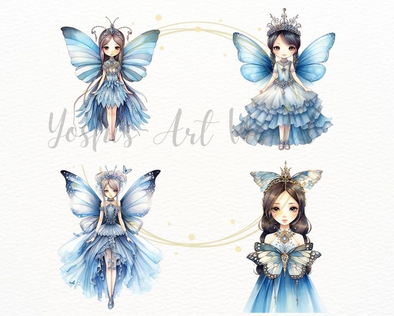 Watercolor Cute Blue Butterfly Fairy Princess PNG Bundle, Digital ...