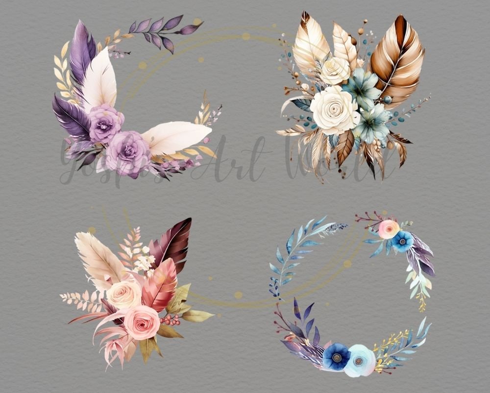 Watercolor Boho Flower Feather Wreath PNG Bundle, Digital Crafts ...