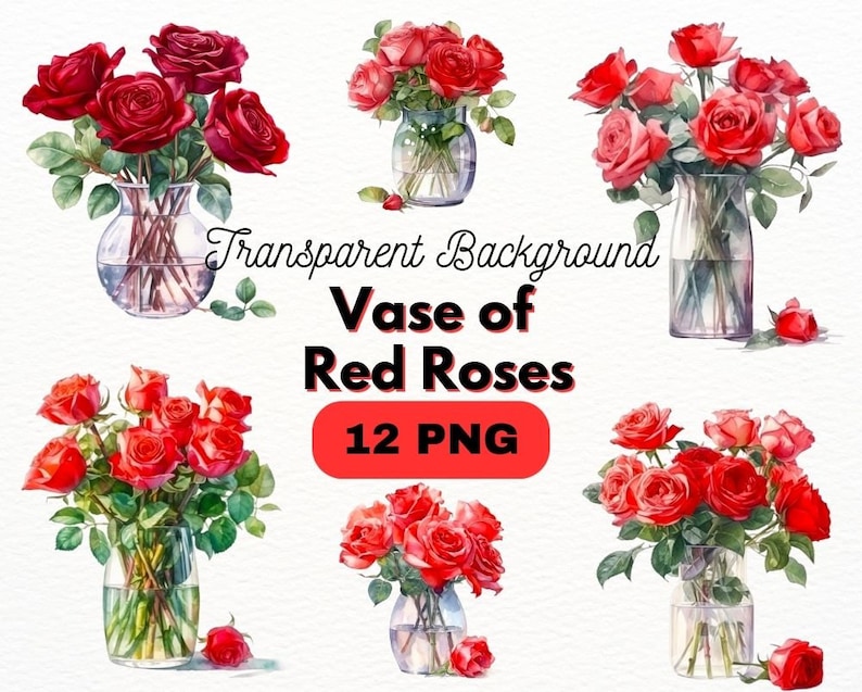 Red Roses in Vase PNG Bundle, Digital Crafts Designs Transparent ...