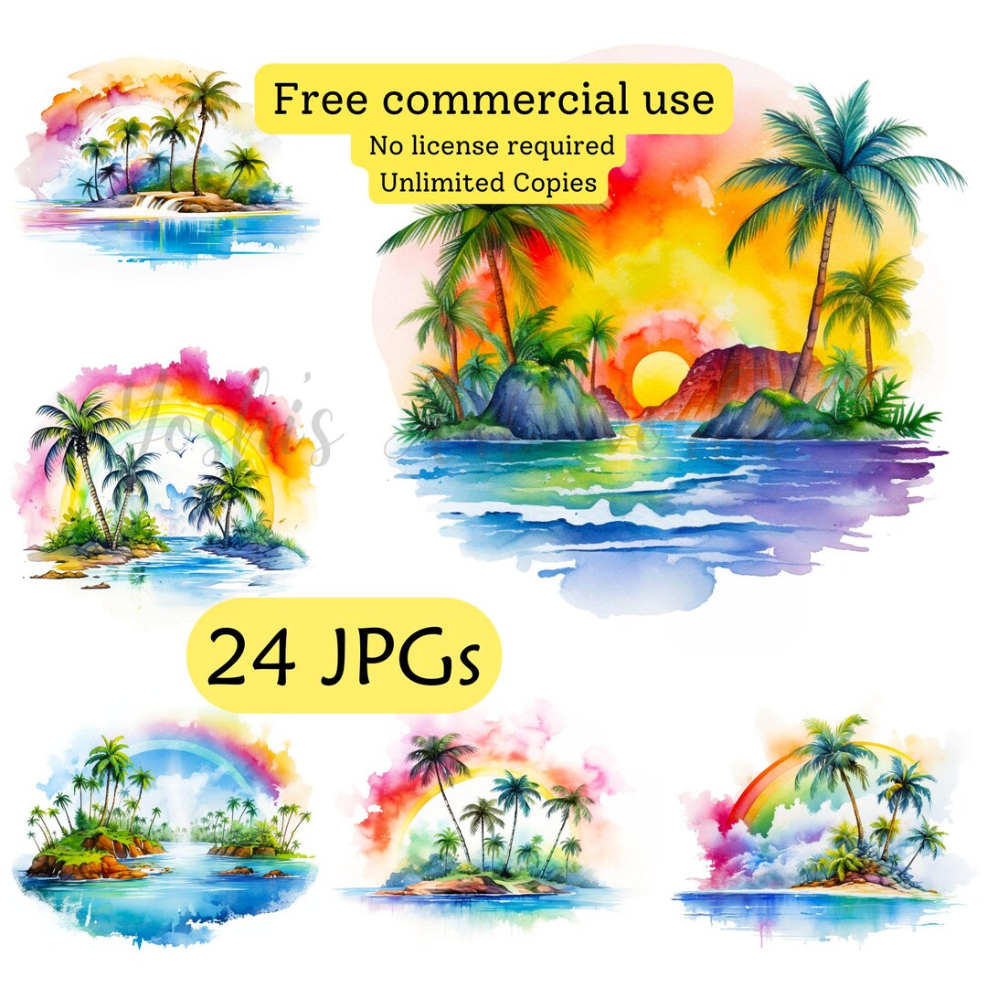 Watercolor Tropical Island Clipart - 24 High Quality Jpgs ...