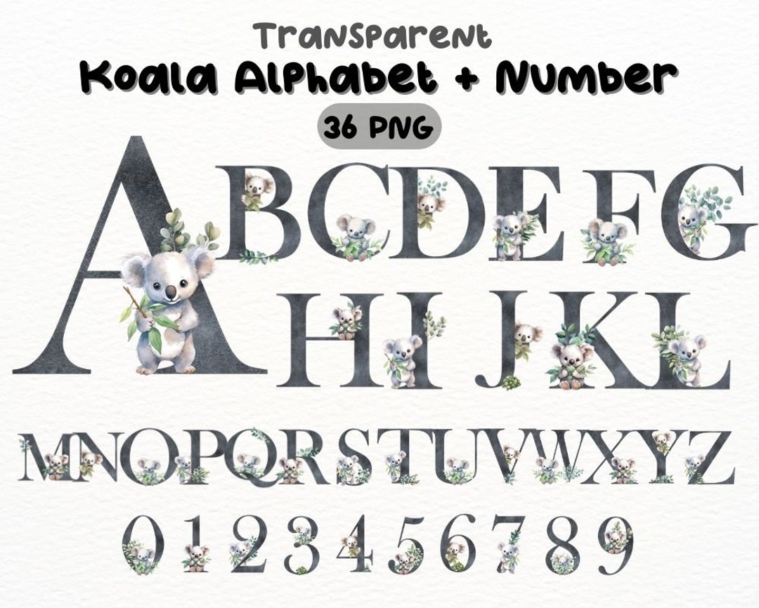 Cute Baby Koala Letters A-Z and Number, Watercolor, Alphabet Clipart ...