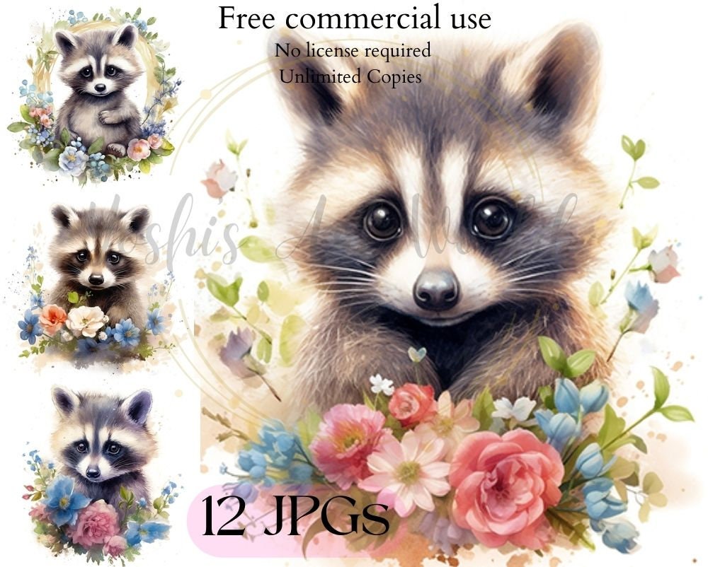 Raccoon and Flower Clipart Floral Raccoon Card Making - Etsy