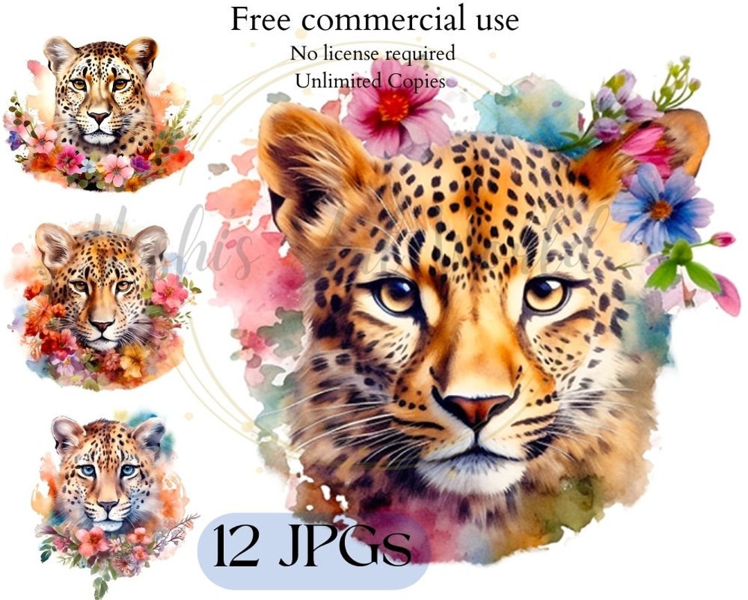 Leopard and Flower Clipart - Floral Leopard - Card Making, Mixed Media ...