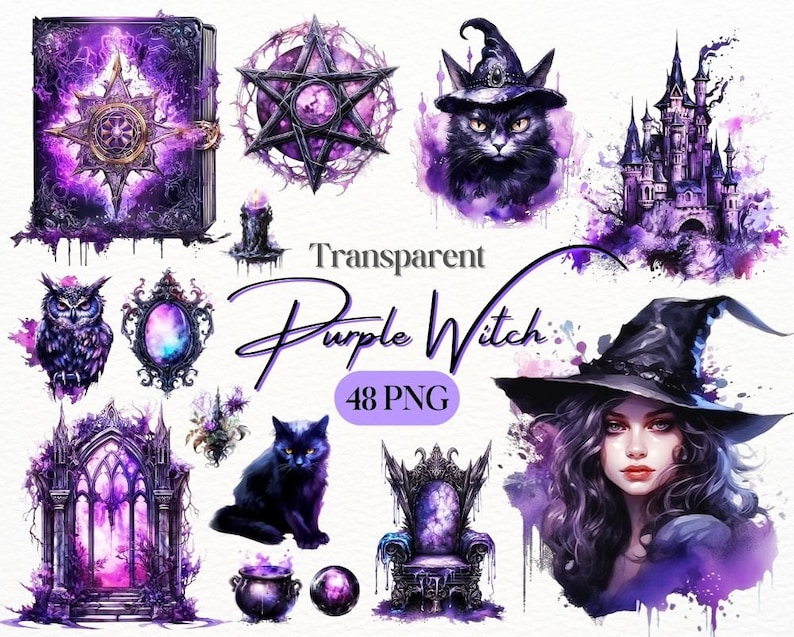 Watercolor Purple Gothic Witch PNG Bundle, Digital Crafts Designs ...